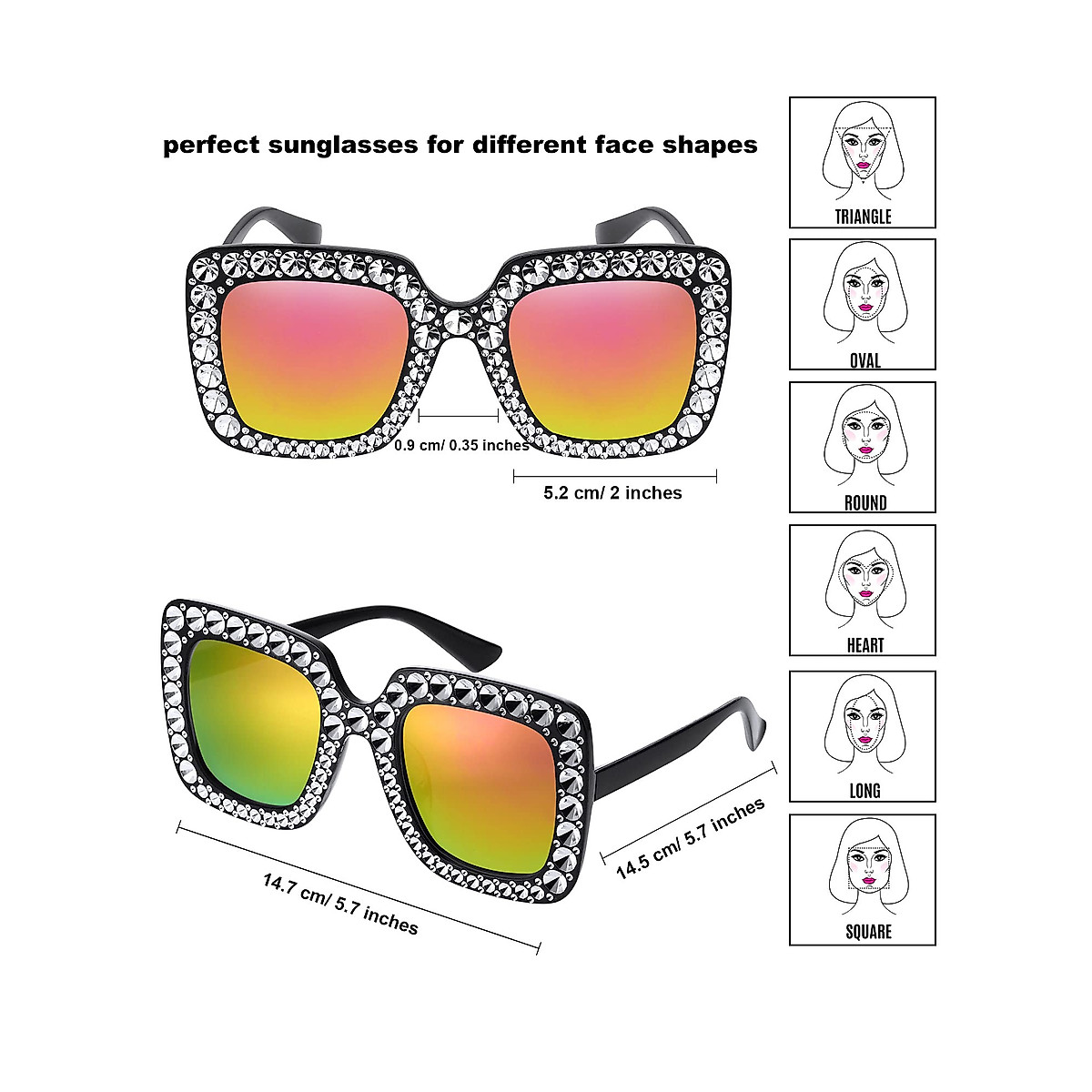 Frienda Crystal Oversized Sunglasses Square Diamond Sunglasses Rhinestone Frame Sunglasses for Women (Chic Colors,12 Pairs)