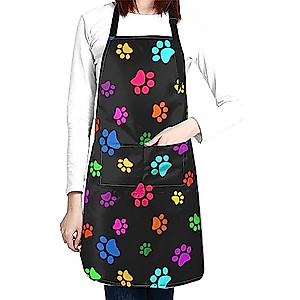 Perinsto Colorful Dogs Paws Waterproof Apron With 2 Pockets Cute Pet Animal Paw Kitchen Chef Aprons Bibs For Grooming Cooking Baking Painting Gardening
