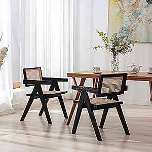 ZHENGHAO Rattan Dining Chairs Set of 2, Mid Century Modern Chairs with Mesh Back, Accent Cane Kitchen Chairs Comfy Side Chair with Arms for Dining Room/Restaurant/Living Room, Black