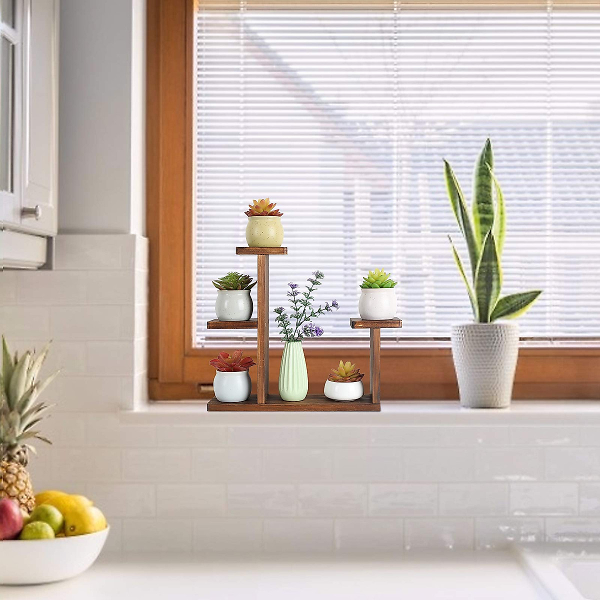 COOGOU Wood Desktop Plant Stand Indoor Small Windowsill Flower Shelf Tabletop Plant Shelf Holder Display Rack for Succulent Herb in Living Room Office