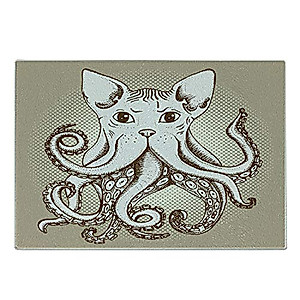 Lunarable Octopus Cutting Board, Cephalopod Cat Head Illustration Vintage Style Cartoon Cat Tentacles Print, Decorative Tempered Glass Cutting and Serving Board, Small Size, Grey White