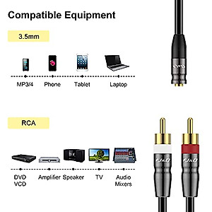 J&D 3.5 mm to Dual RCA Audio Cable, Gold Plated Copper Shell Heavy Duty 3.5mm Female to 2 RCA Male Stereo Audio Adapter Cable Adapter Cord, 1 Feet