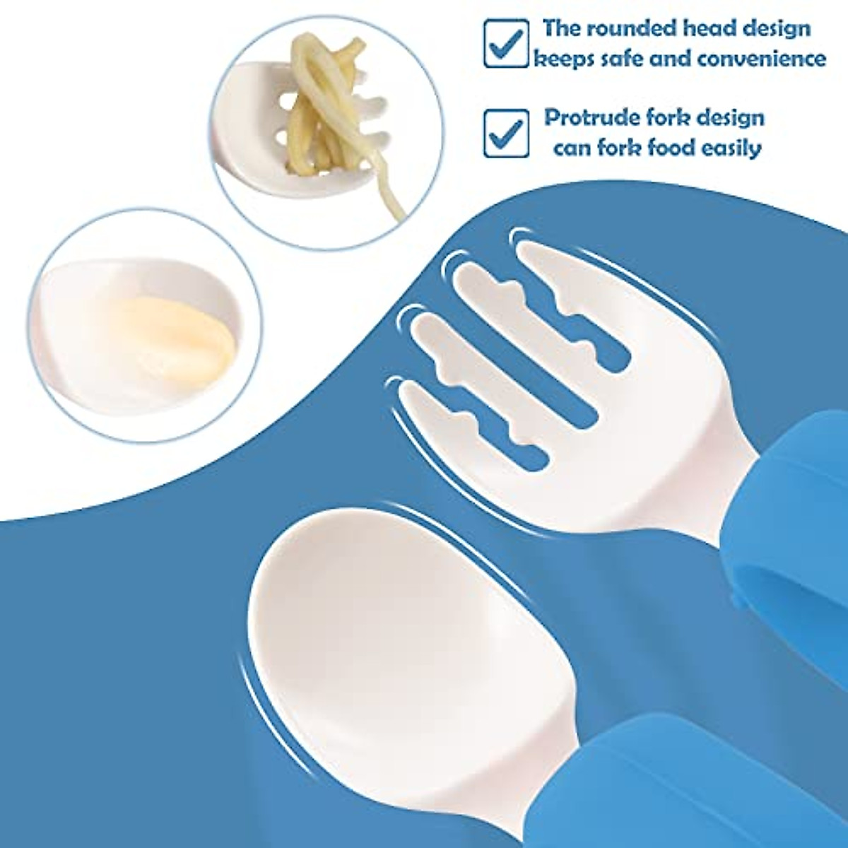 HIWOOD Baby Self Feeding Training Spoon and Fork Set with Travel Case, BPA-Free Cute Circle Toddler Training Utensils, Silicone/ABS Great Tableware Set Spoons Fork for Kids(Blue)