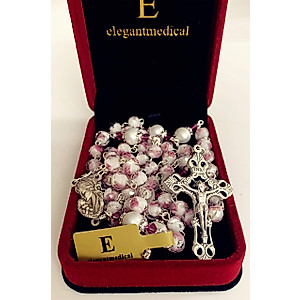 elegantmedical Handmade Veluriyam Rose Beads & Pearl Beads Rosary & Italy Cross Catholic Necklace Gift Box (pink)