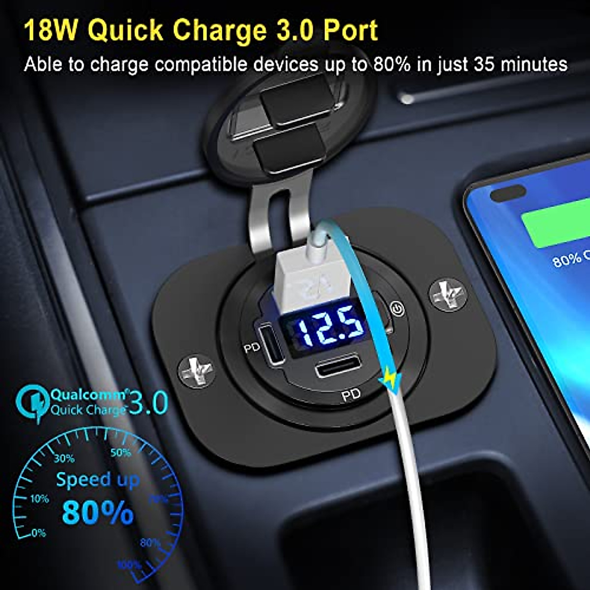 USB C Car Charger Socket 12V USB Outlet 2 Pack: Newest Aluminum Metal 58W Dual PD3.0 20W USB C and 18W QC3.0 Port Multi USB Charger Outlet with LED Voltmeter Power Switch for RV Motorcycle Boat Marine