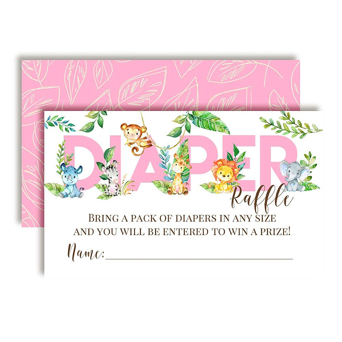 Watercolor Jungle Animals Diaper Raffle Tickets for Girl Baby Showers, 20 2" X 3” Double Sided Insert Cards for Games by AmandaCreation, Bring a Pack of Diapers to Win Favors & Prizes!
