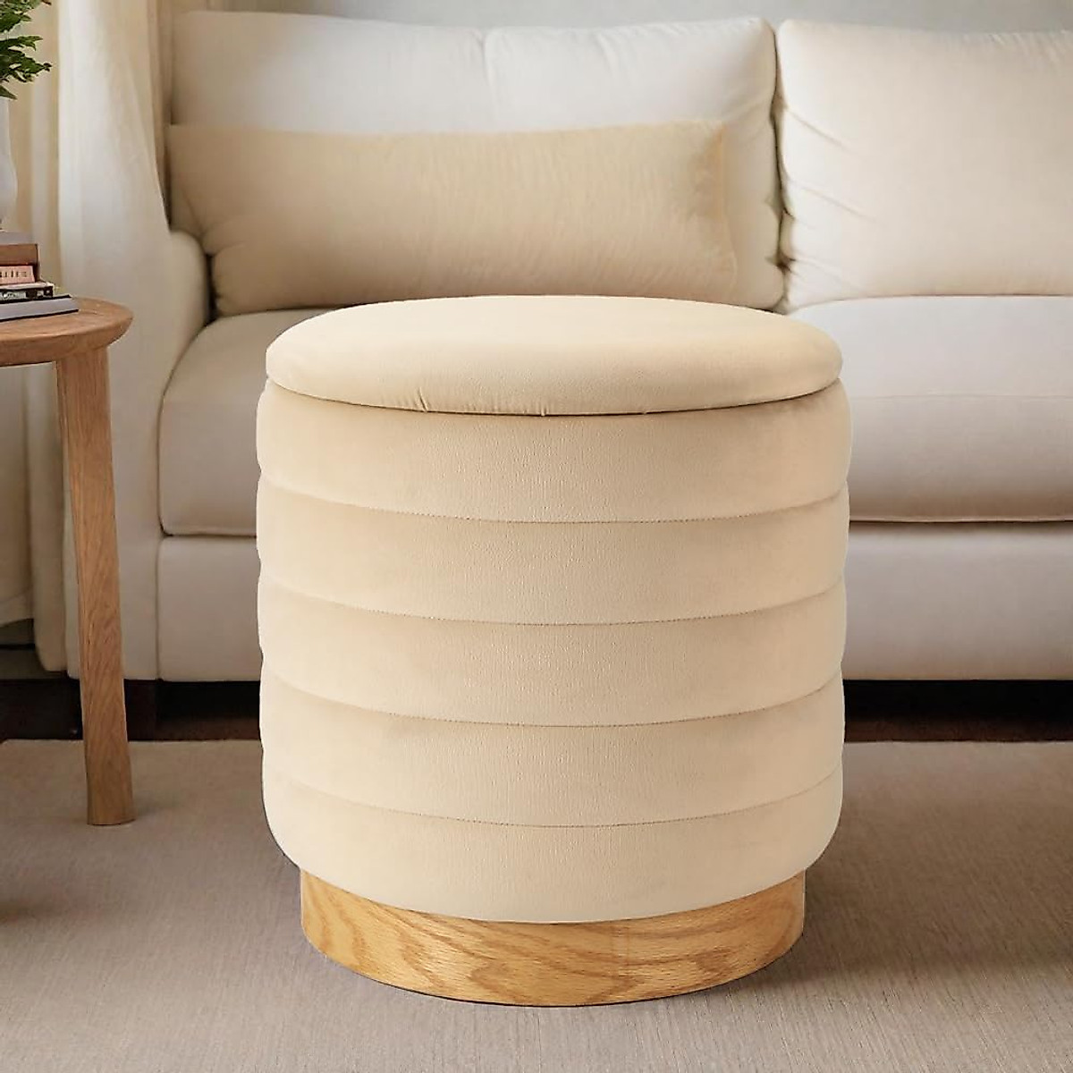 NEWIMAGE Round Ottoman Storage Box Dutch Velvet Pouffe Footstool 15.5'' Padded Stool Seat with Wooden Base, Footrest Vanity Stool with Lids for Bedroom Living Room Balcony Snack(Cream Horizontal Line)