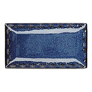 Mikasa Satori Japanese Serving Platter with Wave Pattern Border and Real Gold Rim, Porcelain, Indigo Blue/White, 15.5 x 28 cm