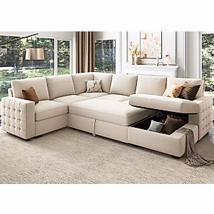HONBAY Sleeper Sectional Sofa with Storage Chaise U Shaped Sectional Couch for Living Room, Velvet Sleeper Sectional Couch with Pullout Bed, Beige
