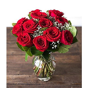 From You Flowers - One Dozen Long Stemmed Red Roses with Free Vase (Fresh Flowers) Birthday, Anniversary, Get Well, Sympathy, Congratulations