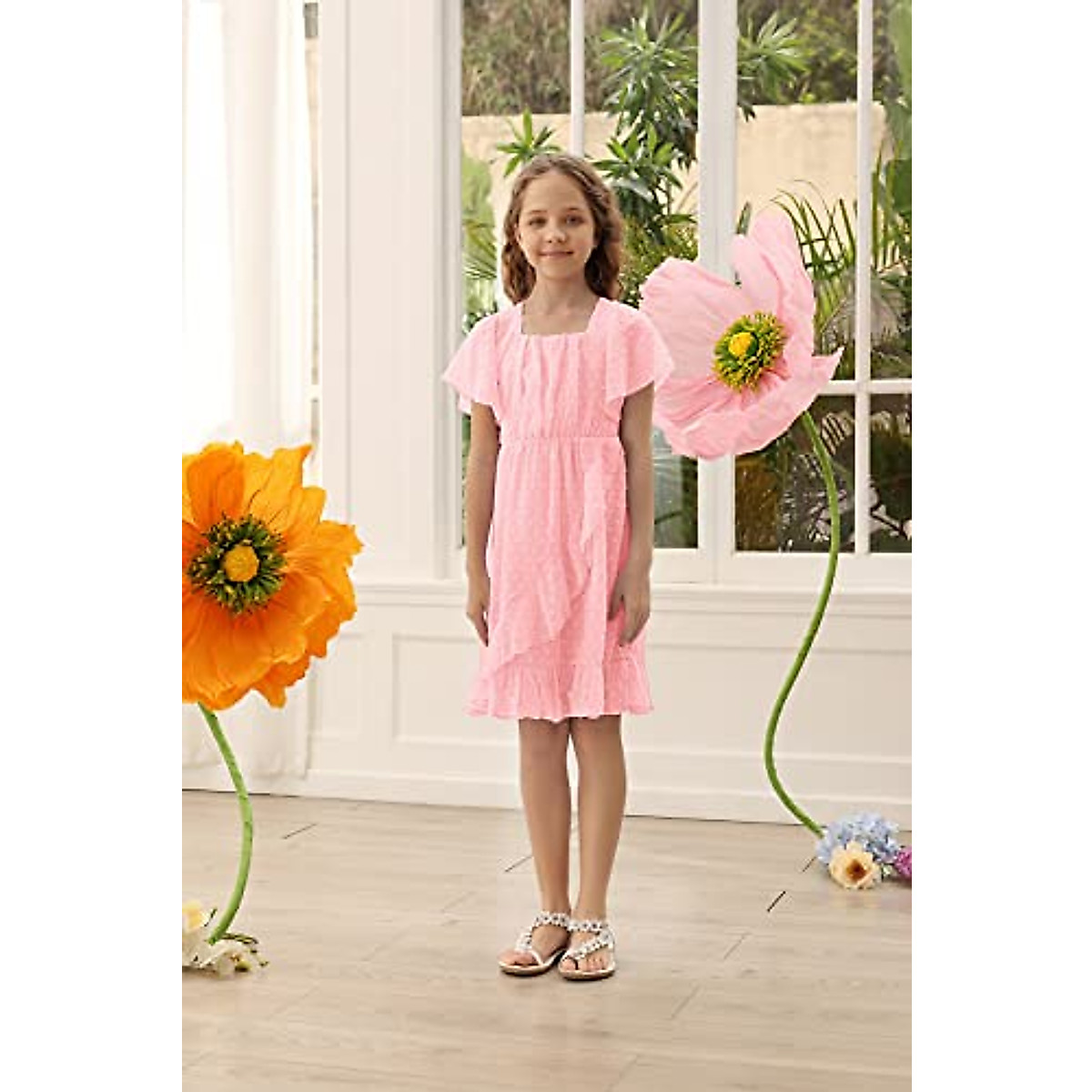 Danna Belle Pink Dresses for Girls Ruffle Hem Flutter Sleeve Casual Dress for Girl Size 7-8
