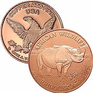 Jig Pro Shop African Wildlife Series 1 oz .999 Pure Copper Round/Challenge Coin (Rhinoceros)