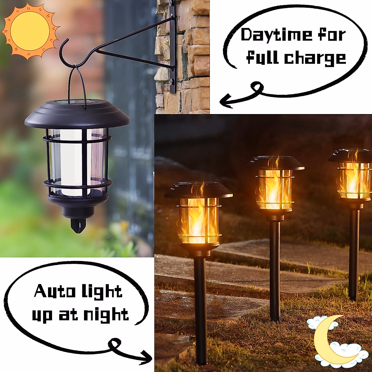 Dynaming 6 Pack Solar Flame Torch Lights Outdoor, Dual Use Flickering Flame Garden Light, Hanging Lantern Lights, Auto On/Off & Waterproof Landscape Lighting for Lawn Patio Yard Walkway Driveway