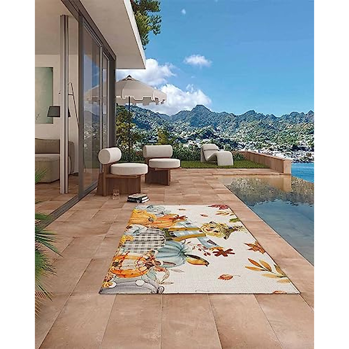 Outdoor Rug 4' x 6', Fall Scarecrow Large Area Rugs for Patio/RV/Deck/Porch/Indoors, Thanksgiving Pumpkin Autumn Leaves Water Absorption Camping Rug Carpet, Lightweight Washable Rug Runners