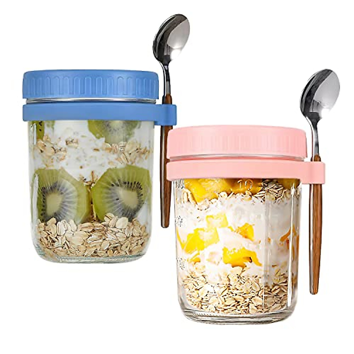 KISCVXE Overnight Oats Containers with Lids and Spoon,Overnight Oats Jars,10 Oz Cereal Dispenser,with Measurement Marks,Cereal, Milk, Vegetable Fruit Salad Storage Container 2PCS