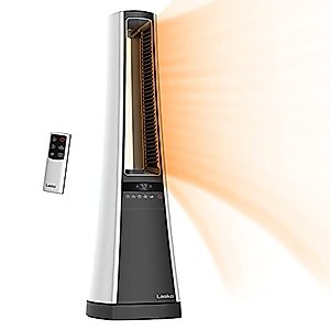 Lasko Oscillating Bladeless Ceramic Tower Space Heater for Home with Enhanced Safety, Adjustable Thermostat, Filter, Timer and Remote Control, 27 Inches, Silver, 1500W, AW300