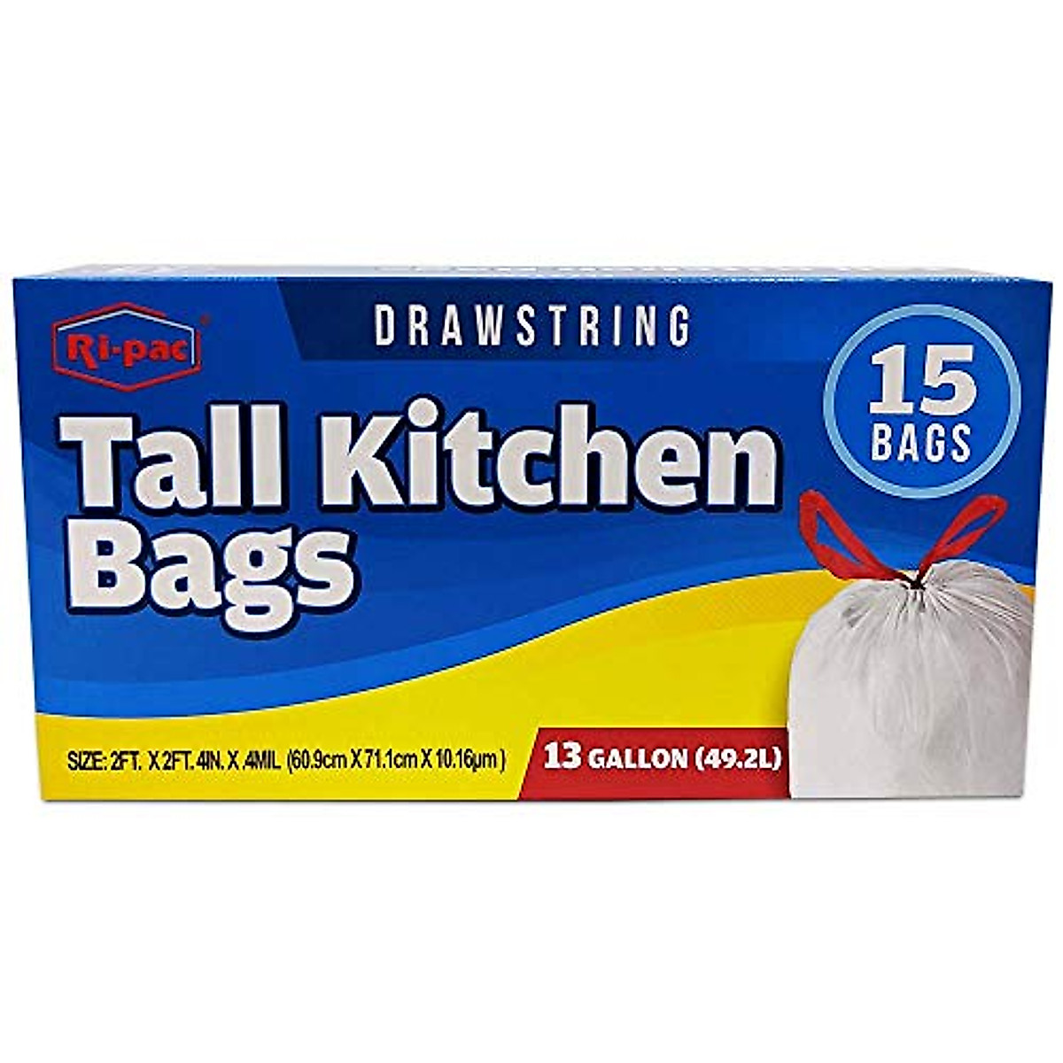 Ri-pac Tall Kitchen Trash Bags with Drawstring 13 Gallon 15 Count Bags