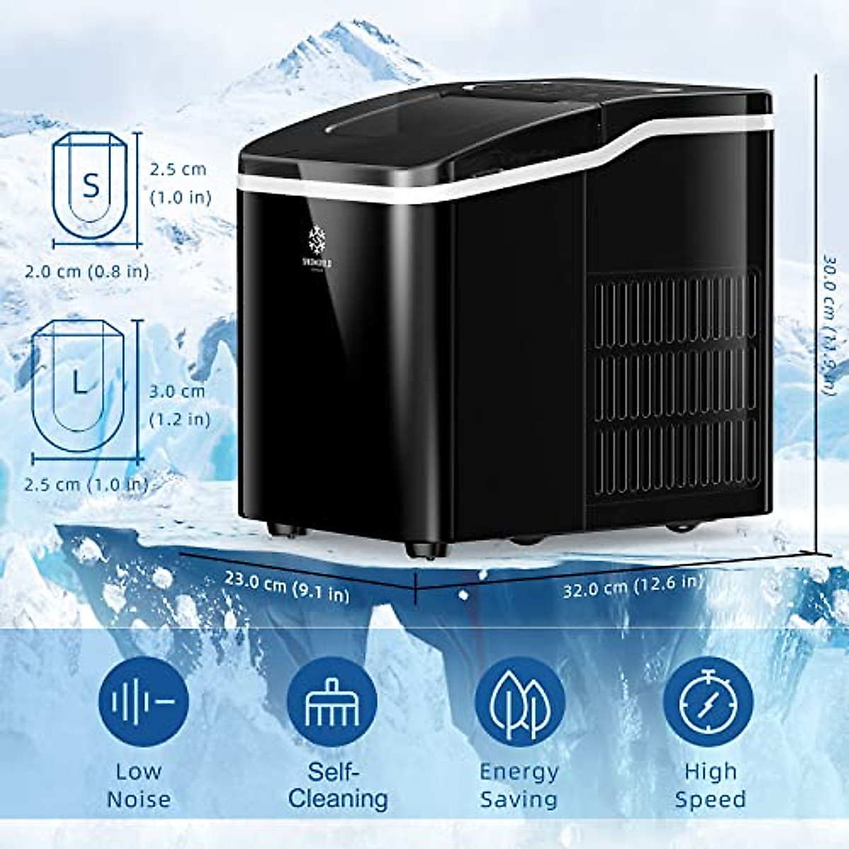 Snoworld Ice Maker Machine Countertop, with App Remote Control and Self-Cleaning Function, 9 Bullet Ice Cubes Ready in 8 Minutes, 26lbs Ice Cubes in 24H for Kitchen/Home/Office/Party