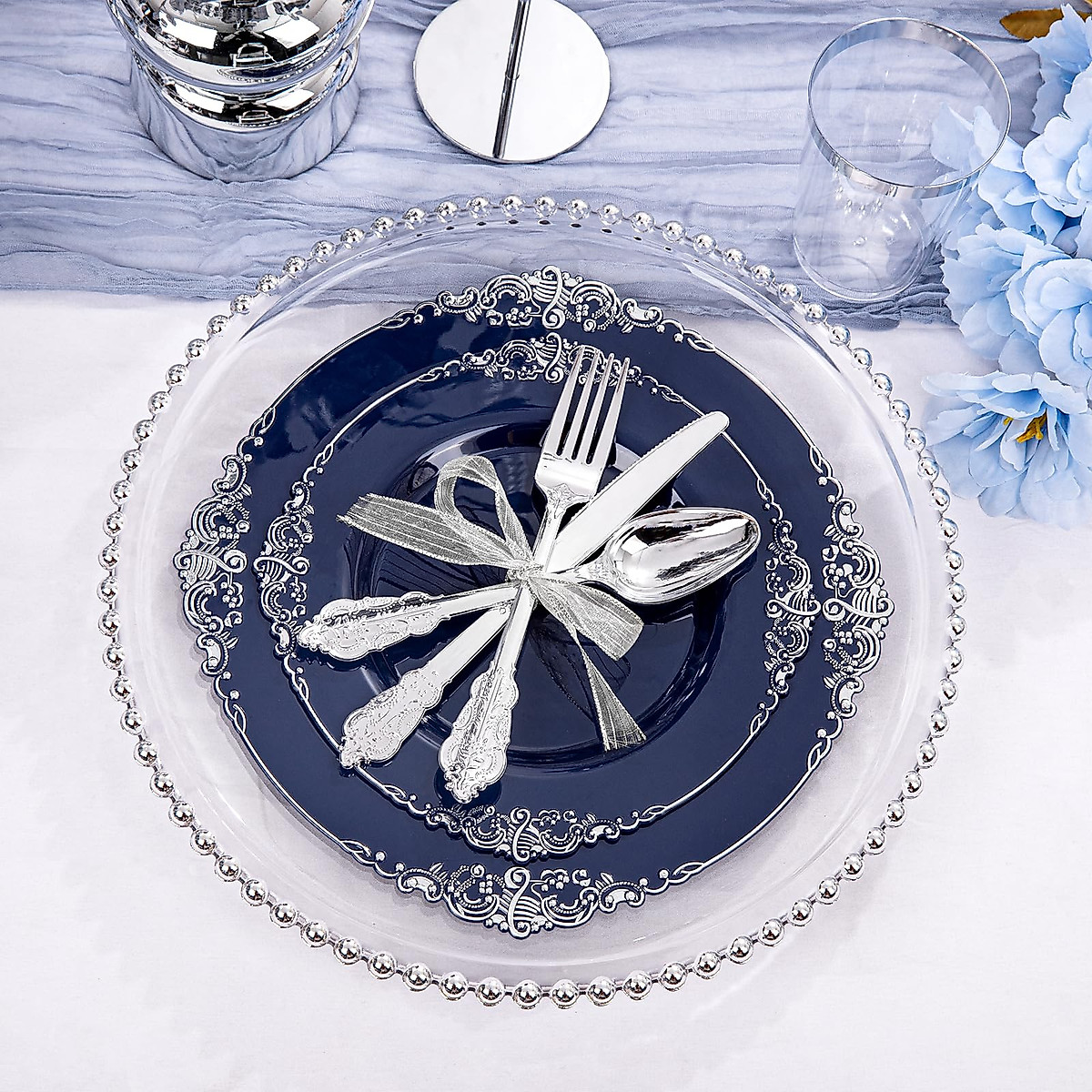 Hioasis 175pcs Blue Plastic Plates - Blue and Silver Plastic Plates Disposable Include 25 Dinner Plates,25 Dessert Plates,25 Knives,25 Forks,25 Spoons,25 Napkins Perfect for Wedding & Parties