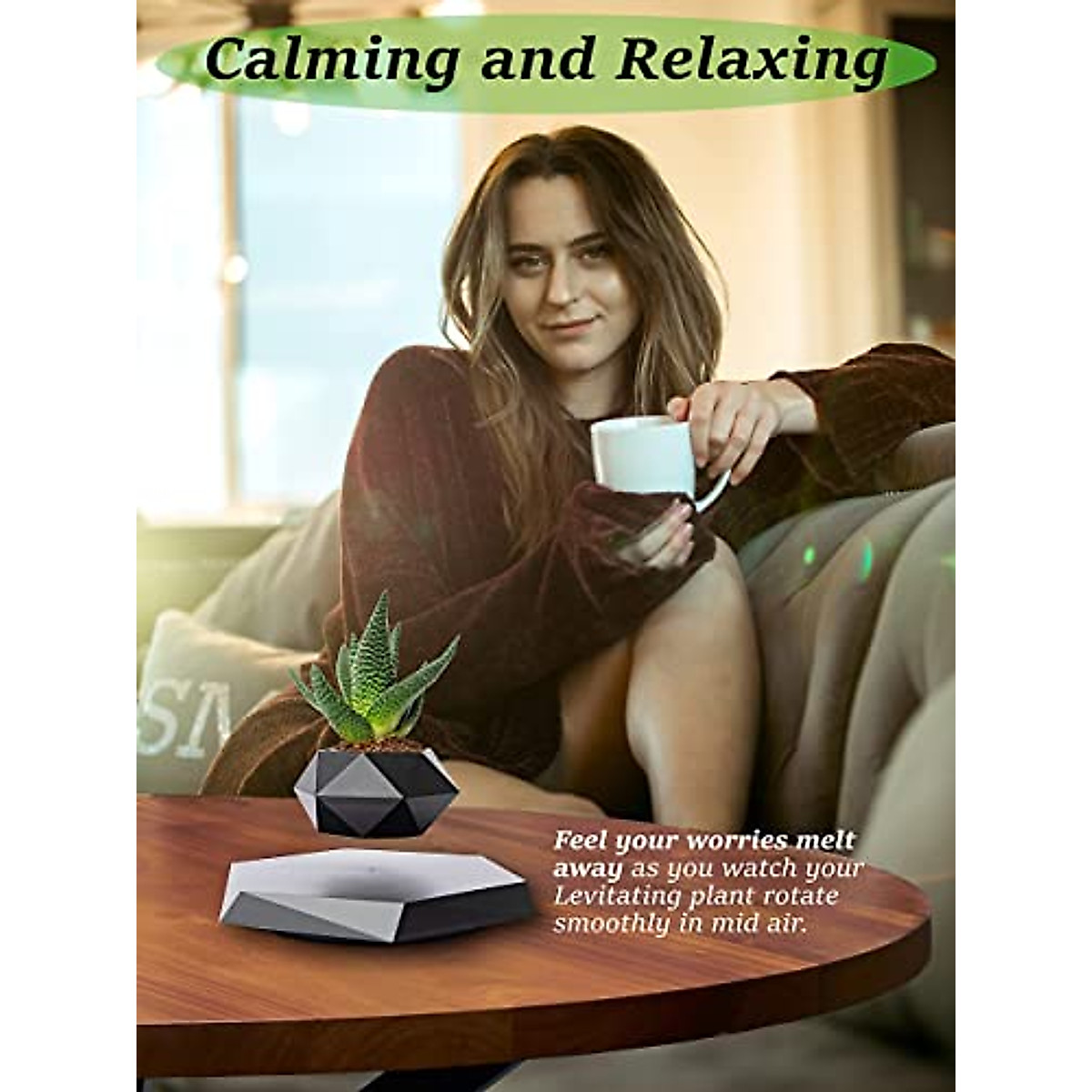 BandD Floating Plant Pot - Levitating Plant Pot for Succulents, air Bonsai & air Plants. Floating Planter for Home, Office & Desk Levitating Decor. Magnetic Floating Levitating Display. (Black)