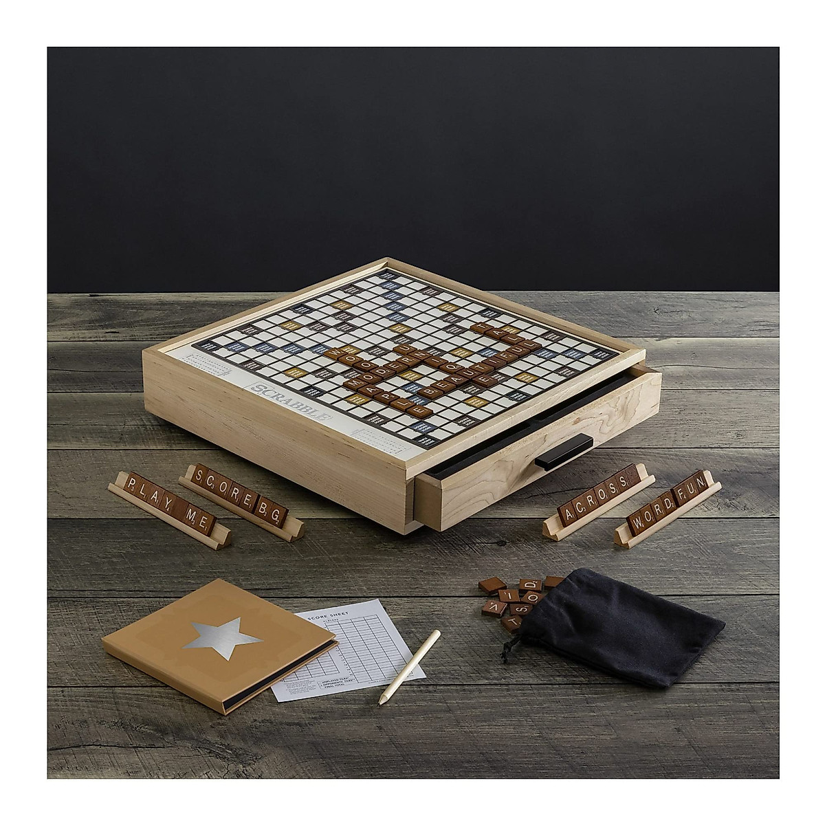 WS Game Company Scrabble Luxe Maple Edition with Rotating Solid Wood Cabinet