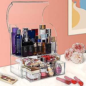 Haturi Makeup Organizer, Large Acrylic Skincare Organizer W/Lid, Dustproof Waterproof Cosmetic Display Case with Drawers for Vanity Bathroom Countertop, Makeup Storage Box for Perfume - Clear