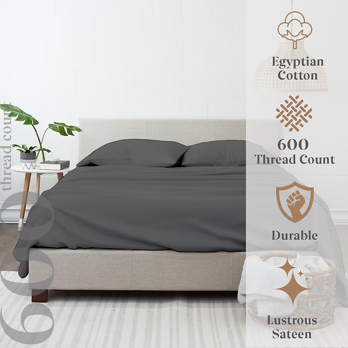 Peace Sleep Bedding - 600 TC Egyptian Cotton Sheets - Luxury Queen Size Cooling Bed Sheets - Soft Sateen Weave Cotton Sheets for Queen Bed - Deep Pocket Fits Upto 16" Deep Mattress - Dark Grey