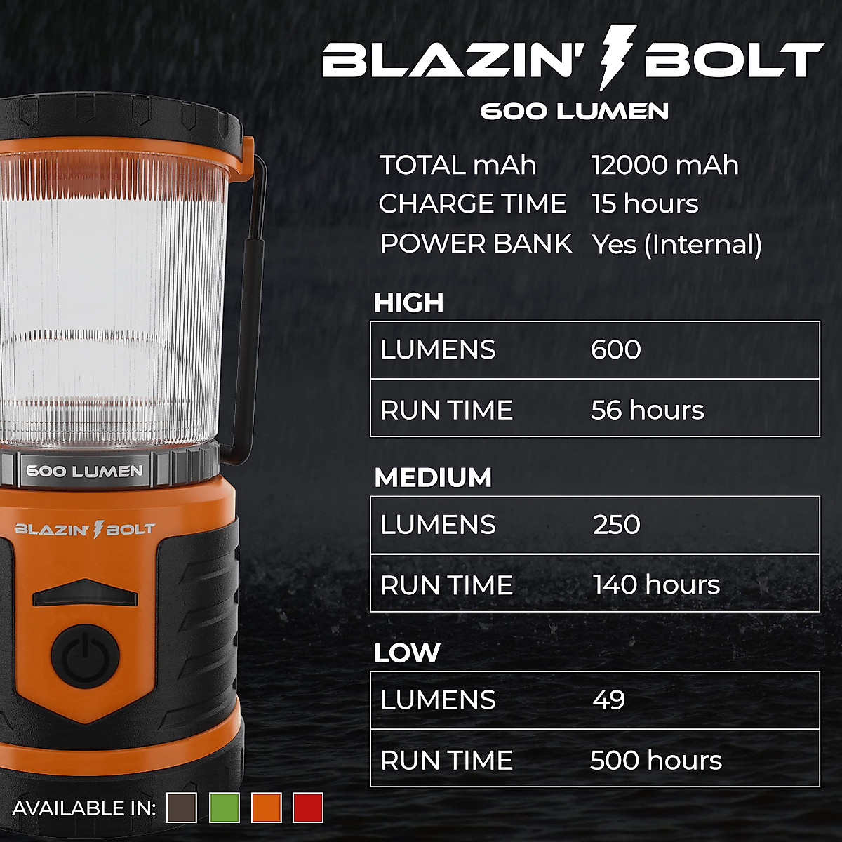 Blazin Bolt Rugged USB Rechargeable Lantern | 600 Lumen | 500 Hours of Light | Giant 12000mAh Power Bank | 6 Modes | Camping, Emergency, Power Outage, Storm, Blizzard, Hurricane Survival