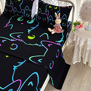 BailiPromise Cute Cartoon Cat Sheets Set Twin Size,Kawaii Simple Strokes Animals Kids Bed Sheets with Pillowcase,Cot Sheets Fitted Sheet with 16" Deep Pocket,for Girls Boys Teen Bedding 4 Piece Set