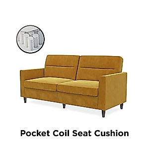Novogratz Concord Sofa, Small Space Living Room 3 Seater, Pocket Coil Cushions, Mustard Yellow Velvet