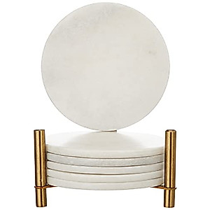 Queenza Marble Coasters for Drinks, Set of 6 Coasters with Holder, Pearl White Marble Coasters 3.5 Inch Wide 5 mm Thick Gold Coasters For Drinks, Both Side Polish For Scratch Free Surface Coaster Set