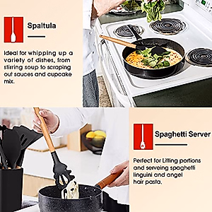 Cooking Utensils Set of 6, E-far Silicone Kitchen Utensils with Wooden Handle, Non-stick Cookware Friendly & Heat Resistant, Includes Spatula/Ladle/Slotted Turner/Serving Spoon/Spaghetti Server(Black)