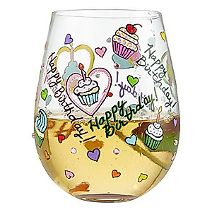 Enesco Designs by Lolita Birthday Cupcakes Hand-Painted Artisan Stemless Wine Glass, 1 Count (Pack of 1), Multicolor