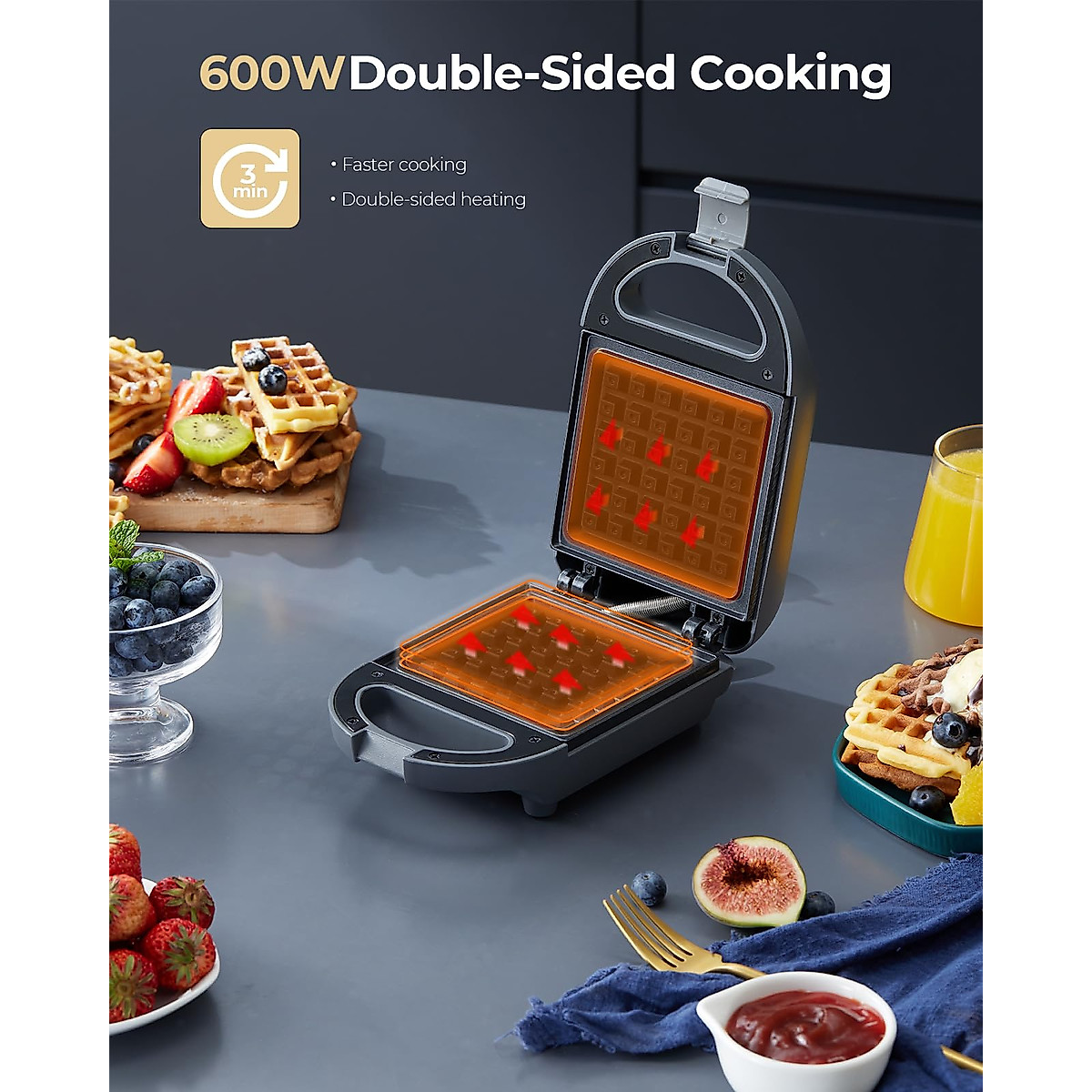 Mini Waffle Maker, Non-Stick Waffle Iron Small, Breakfast Machine for Kinds, Hash Browns, Keto, Snacks, Gray, Fast Heating, 600W, AMEGAT