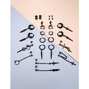 Fiasaso 22Pcs Dangle Earrings for Men Stainless Steel Hinged Hoop Earrings Long Chain Stud Cross Dangle Earrings Set Kpop Earrings for Mens Black