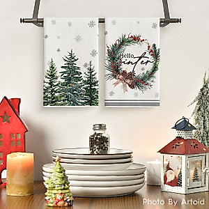 Artoid Mode Elk Trees Pine Cones Holly Berry Hello Winter Kitchen Towels Dish Towels, 18x26 Inch Bowknot Christmas Decoration Hand Towels Set of 4