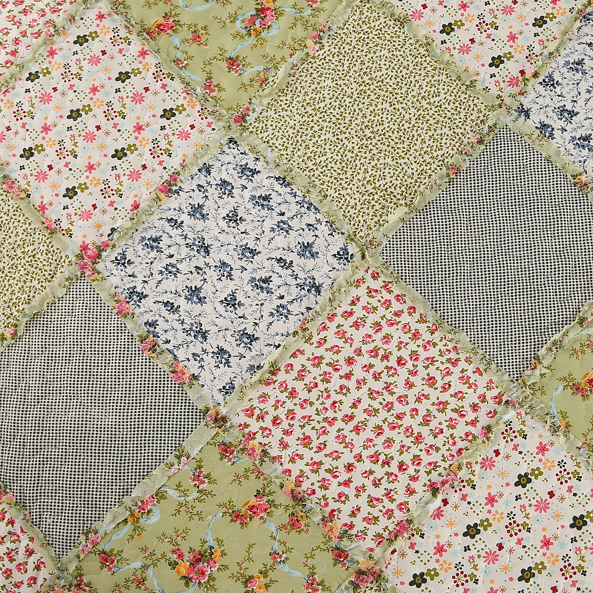 King Size Patchwork Quilt Set Green Floral Reversible Quilted Bedspread Coverlet Set 3-Piece Comforter Lightweight Stitched Quilt Bedding Set Bed Cover Blanket with 2 Pillow Shams for All Seasons