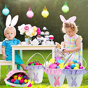 2 Pack Easter Eggs Hunt Basket for Kids Easter Bunny Canvas Baskets Ruffle Easter Basket Rabbit Fluffy Tails Bucket Tote Eggs Candy and Gifts Carry Bucket, Easter Party Supplies (Purple & Pink)