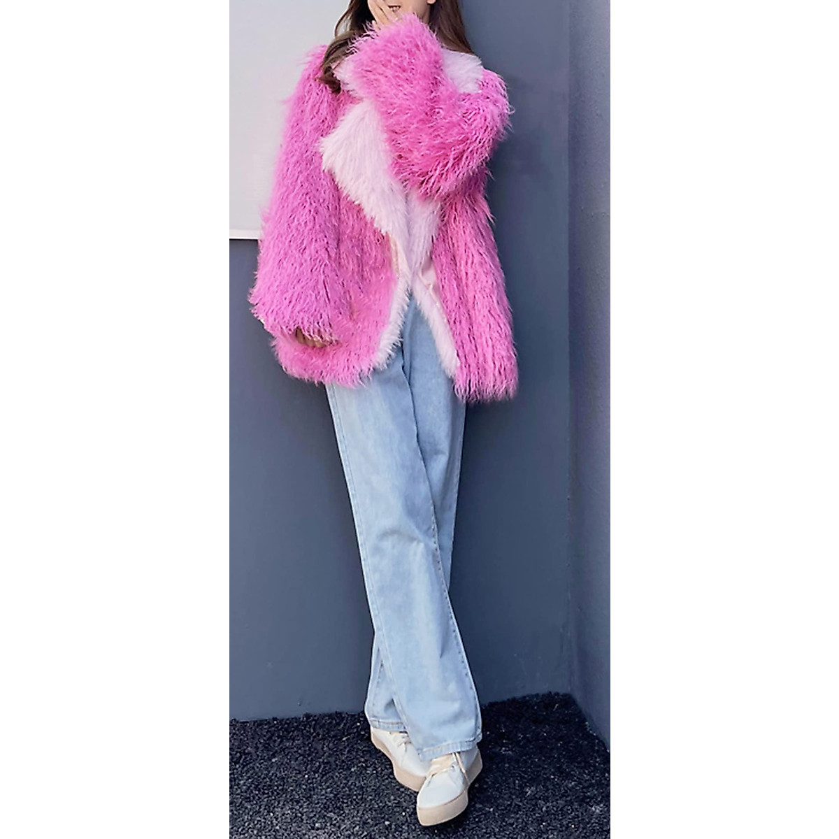 Vickstco Women's Fluffy Long Colorful Faux Fur Jacket Overcoat Warm Outwear Parka Coat Outwear