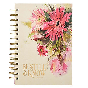 Large Hardcover Journal, Be Still and Know – Psalm 46:10, Pink & Red Daisy Inspirational Wire Bound Spiral Notebook w/192 Lined Pages, 6” x 8.25”