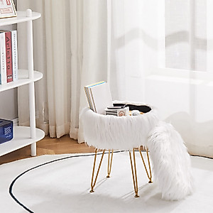 Mxfurhawa Faux Fur Storage Ottoman Round Furry Vanity Stool Marble Grain Tray Coffee Table Compact Footrest Stool with 4 Metal Legs Soft Makeup Seat Foot Stools for Living Room Bedroom Entryway White