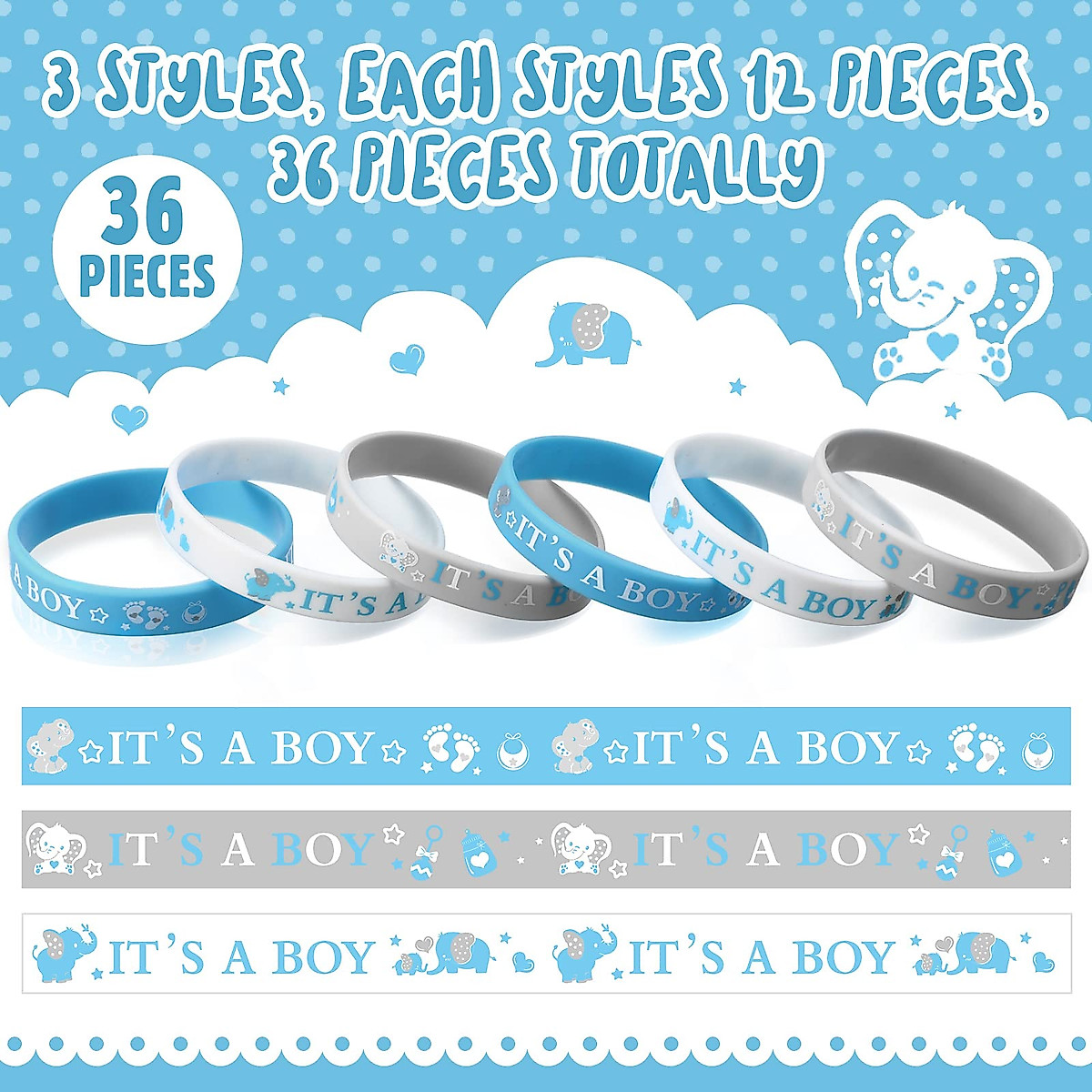 Zomiboo 36 Pieces Baby Shower Rubber Bracelets, It's a Boy It's a Girl Wristbands Elephant Baby Shower Decorations for Boy Girl Baby Shower Party Favor Gender Reveal Party Supplies (Boy Style)