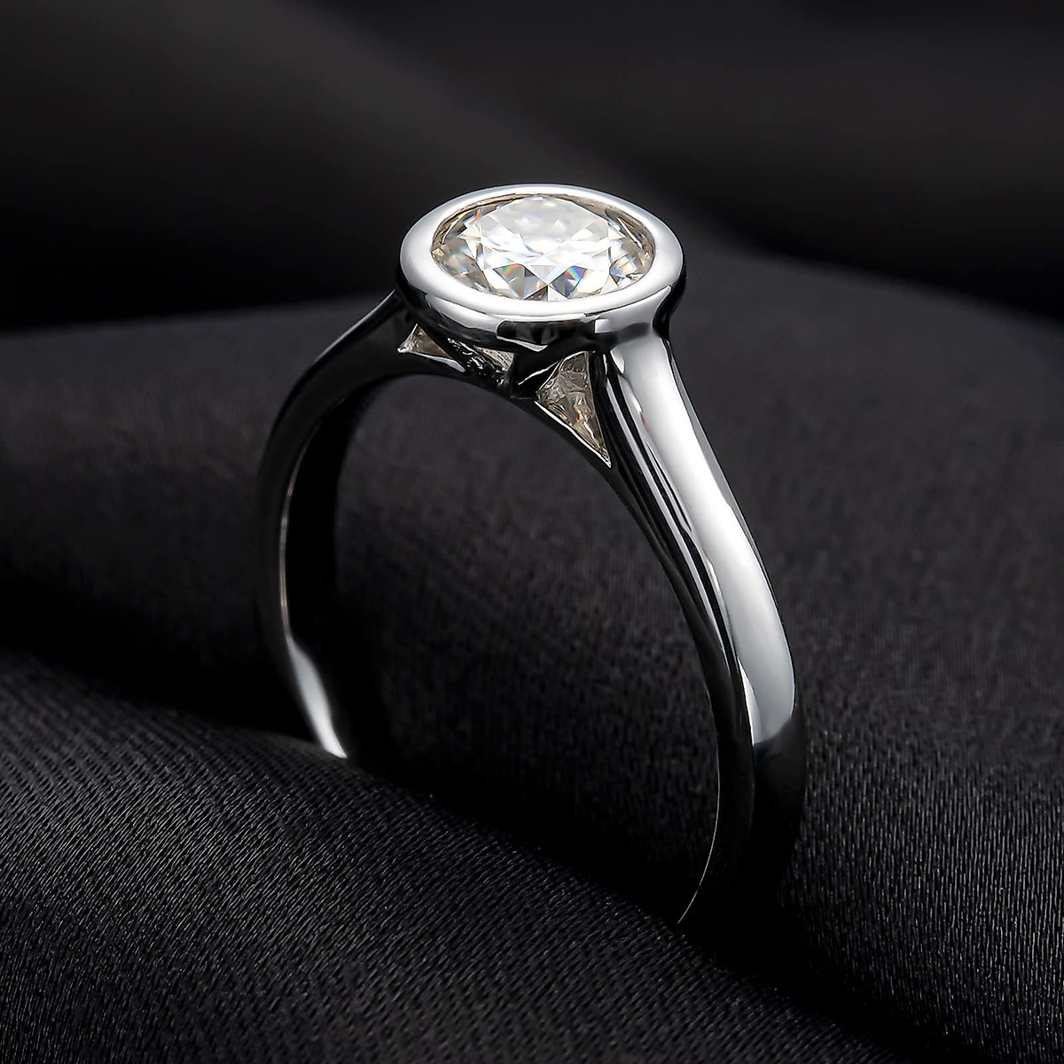 Raivari Moissanite Engagement Rings,1 CT Bezel Setting Round Lab Created Diamond Solitaire Promise Rings in 14K White Gold Plated Sterling Silver, Anniversary Rings for Women6