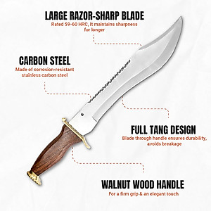 Hunting Knife - 12" Fixed Blade Hunting Knives with Sheath - Razor Sharp Fixed Blade Knife Crafted from Stainless Carbon Steel with Walnut Wood Handle - Handmade Survival Knife by Perking Knife