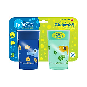 Dr. Brown’s Polypropylene (PP) Milestones Cheers 360 Sippy Training Cups for Babies and Toddlers - Blue/Green - 10oz - 2-Pack - 9m+