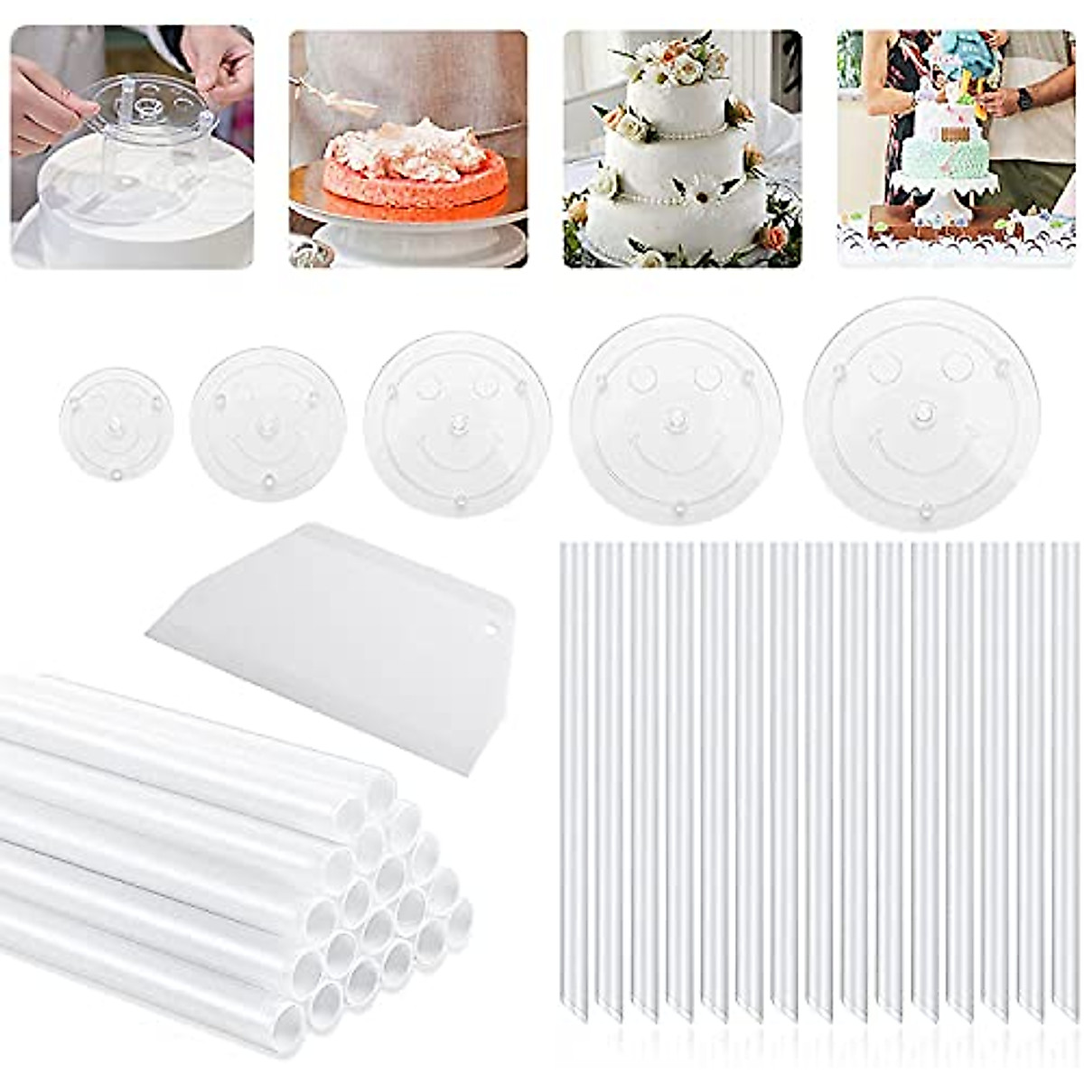 QCYOHO 41Pcs Plastic Cake Dowel Rods Set, 20 Pcs White Cake Support Rods, 5 Pcs Cake Separator Plates for 4, 6, 8, 10, 12 Inch Cakes, 15 Pcs Clear Cake Stacking Dowels for Tiered Cakes