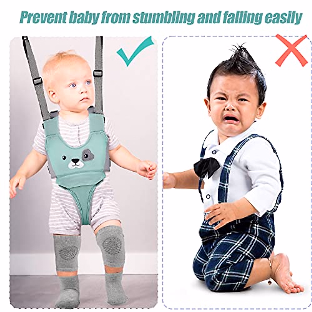Panitay Handheld Baby Walking Harness Adjustable Toddler Walking Assistant Baby Walker Assistant Belt with 4 Pairs Baby Knee Pads for Crawling 4 Pairs Non Slip Toddler Socks Grips, 7-24 Months Old