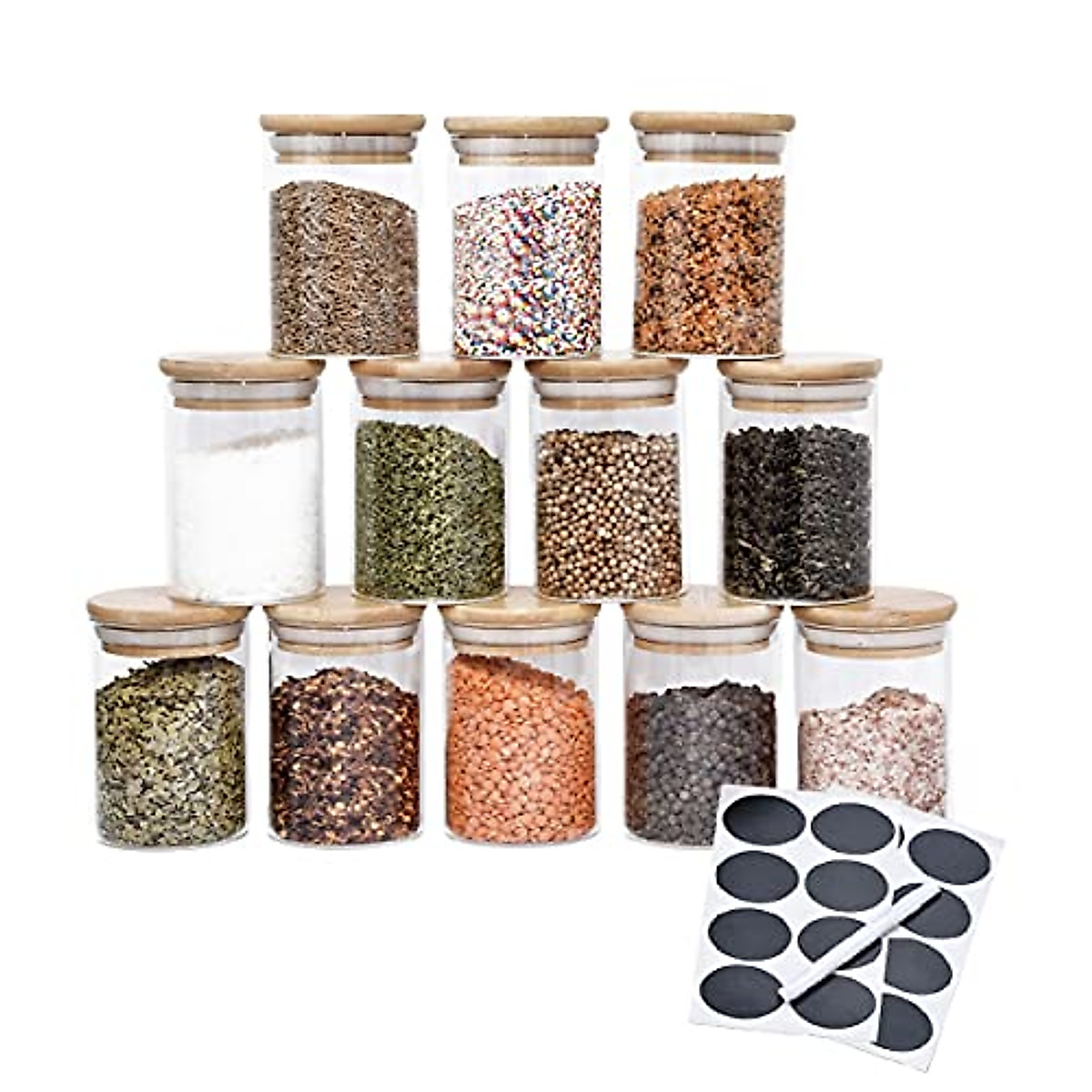 PreZervers12 pcs Spice Jars | 7oz| 12 Food Storage Containers | Airtight Bamboo Lid with 7oz Glass Jar | Includes Pen and Decorative Labels | Dozen Spice Jars | Tea, Sugar, Salt, Herbs | Bonus Item |