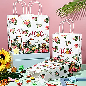 16 Pack Hawaiian Gift Bag Luau Party Bags Summer Tropical Paper Bag with Handle Luau Treat Bag Palm Leaf Candy Bag for Summer Tropical Aloha Festival Hawaiian Luau Holiday Party Supplies Favor (White)