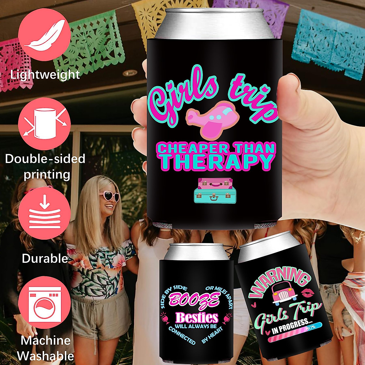 HAPPARTY Weekend Girls Trip Theme Can Cooler Sleeves 8Pcs, Hot Pink Babe Girls Insulated Bottle Beverage Cold Drink Holder for Birthday Bachelorette Weekend Trip Party Can Cover Decorations